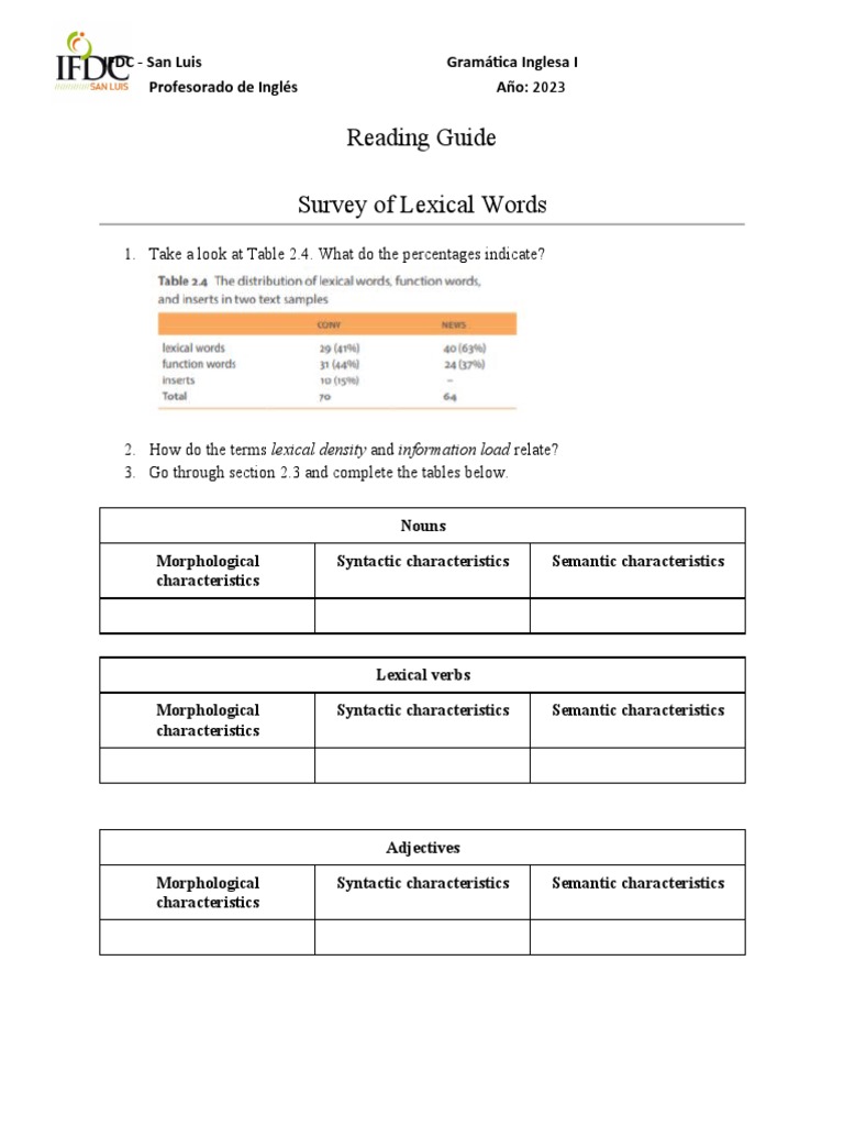 Reading Guide - Survey of Lexical Words Verbs | PDF | Verb | Lexical ...