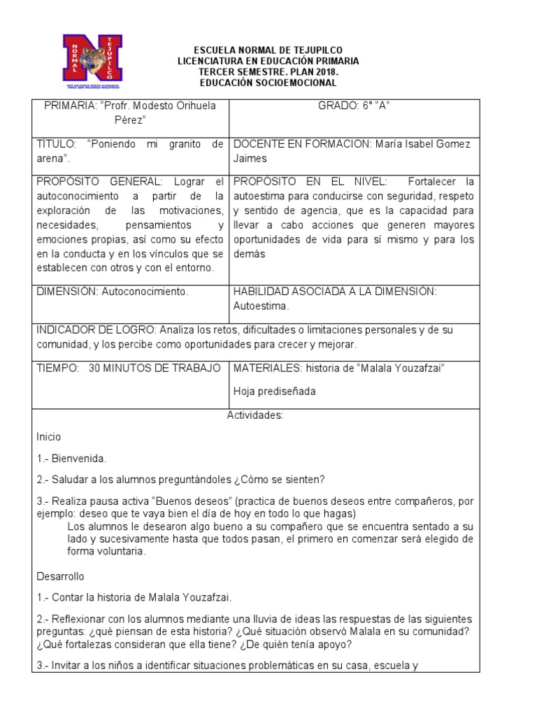 Planeacion, Mi Granito de Arena Sexto Grado | PDF | Autoestima | Las ...