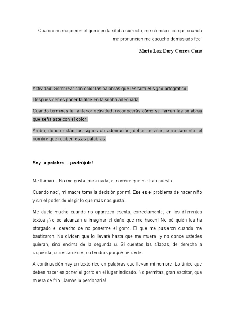Actividades de palabras agudas, graves, esdrújula y sobreesdrújulas ...