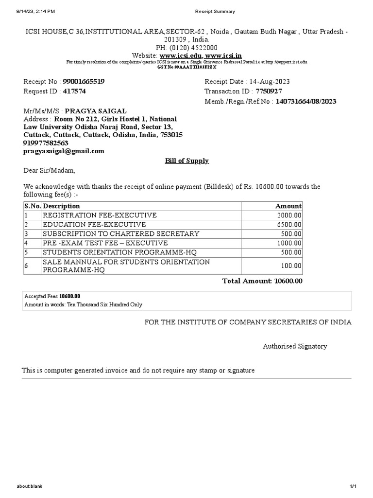 CS EXECUTIVE Receipt Summary Aug 2023 | PDF | Receipt | Financial Services