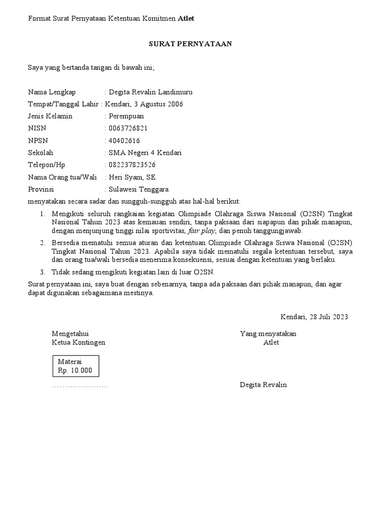 Surat Pernyataan Atlet O2SN | PDF