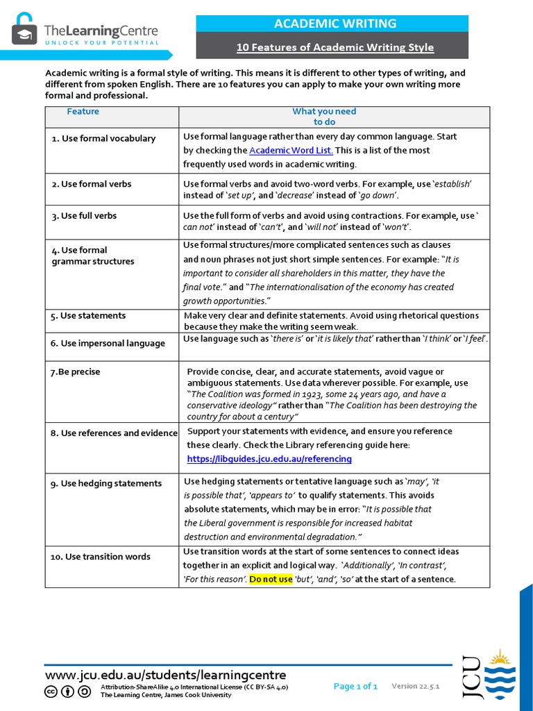 Key Features of Academic Writing | PDF | Verb | Sentence (Linguistics)