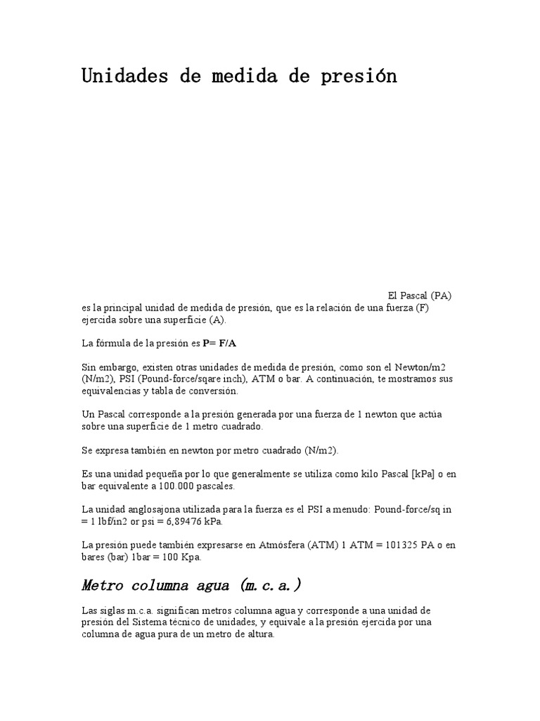 Unidades de Medida de Presión | Descargar gratis PDF | Pascal (Unidad) | Presión