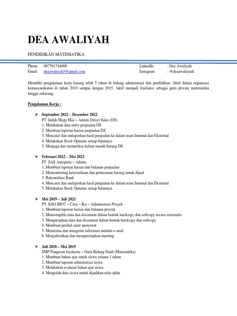 Profil Dea Awaliyah: Guru & Admin Berpengalaman | PDF