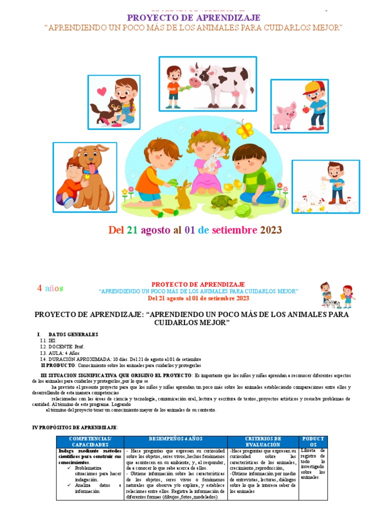 Proy. 4 Años "Aprendiendo Un Poco Más de Los Animales para Cuidarlos Mejor" | PDF | Evaluación ...