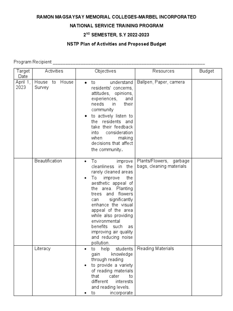 NSTP Action Plan | PDF | Natural Environment