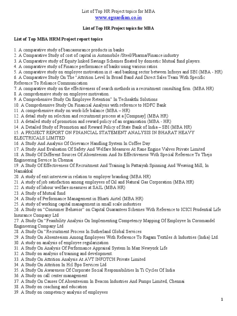 Top MBA HR Project Topics List | PDF | Human Resource Management ...
