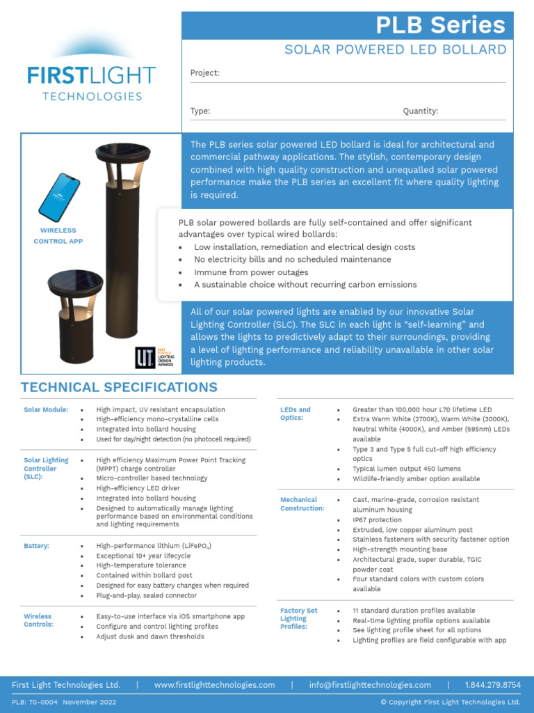 Spec Sheet First Light PLB | PDF | Solar Power | Light Emitting Diode