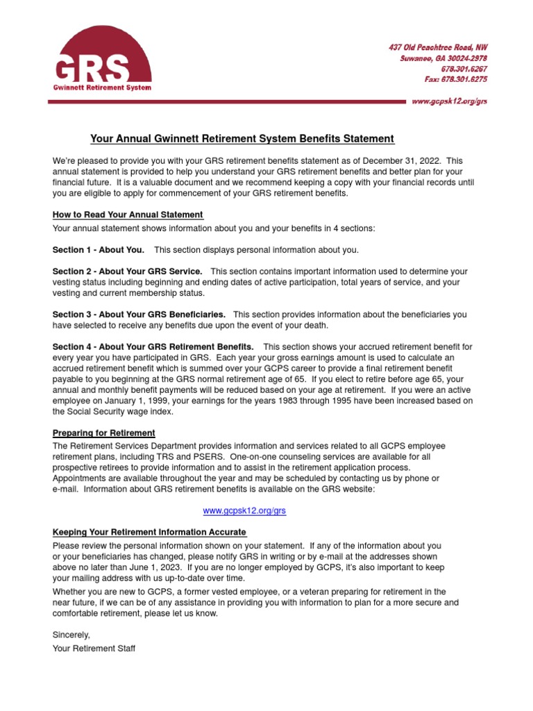 Your Annual Gwinnett Retirement System Benefits Statement | PDF ...