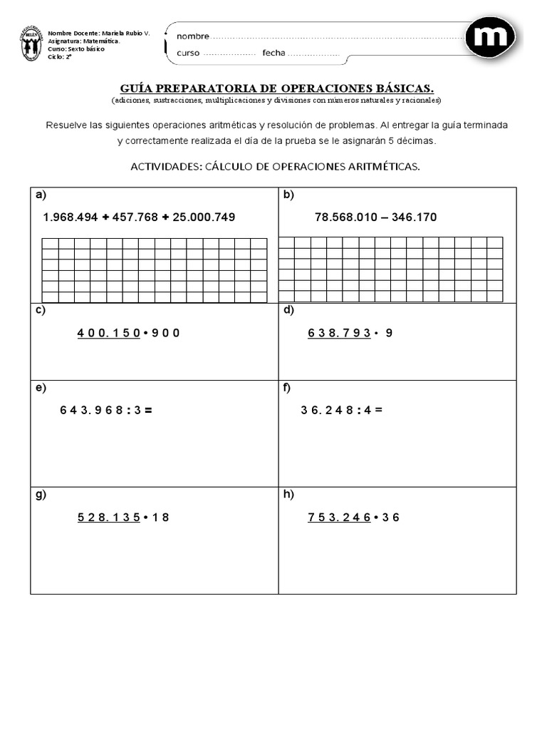 Guía Preparatoria 6° de Operaciones Básicas | Descargar gratis PDF | Matemáticas