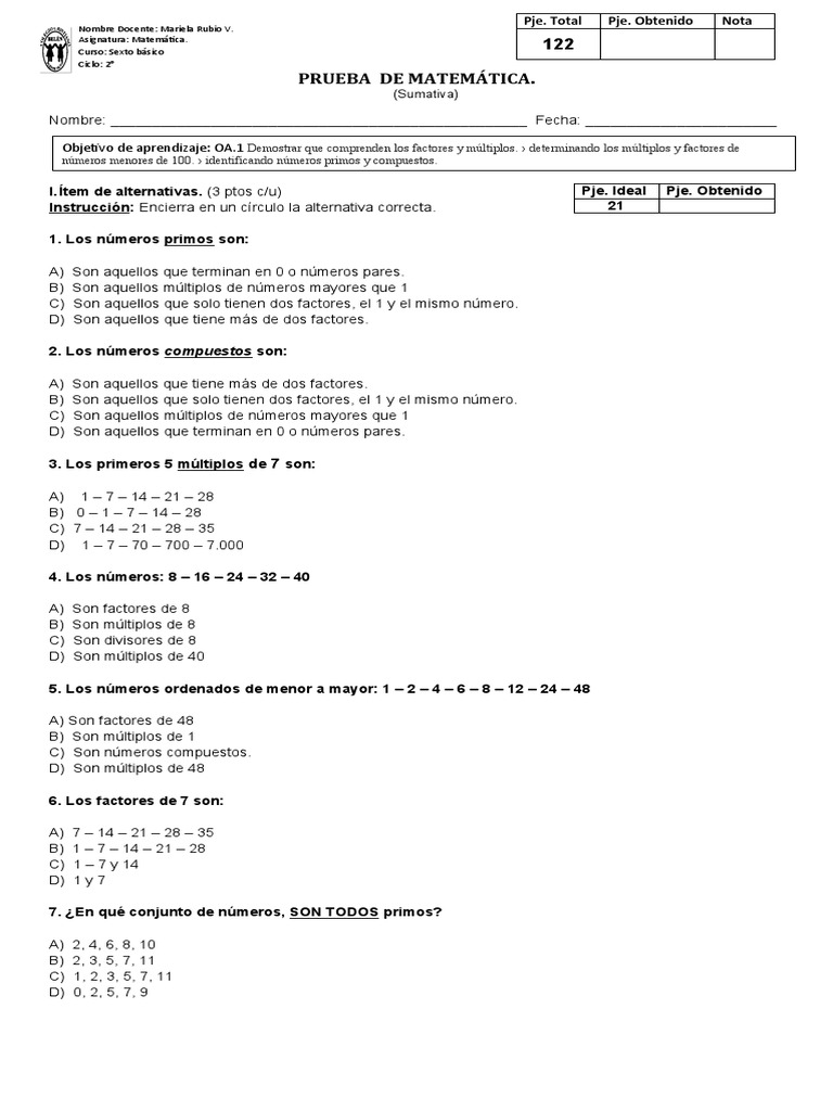 Prueba 6° Multiplos, Factores, N° Primos y Compuestos. | PDF