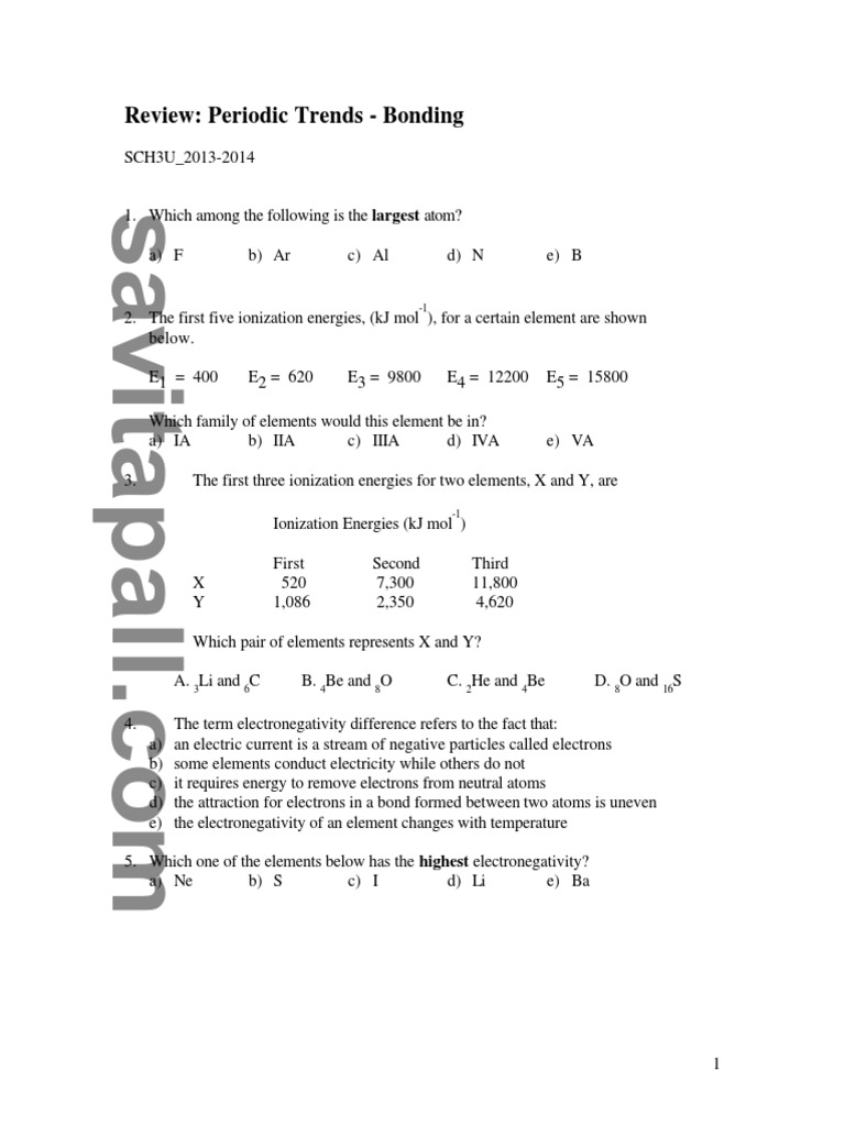 Periodic Trends and Bonding Review | PDF | Chemical Polarity | Chemical ...