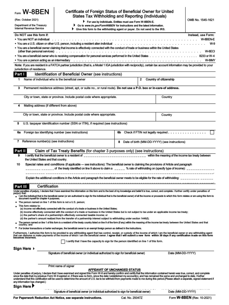 W 8ben With Affidavit | Download Free PDF | Irs Tax Forms | Government ...