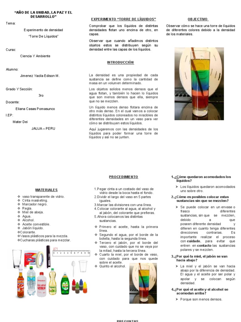 Triptico Experimento de Mathias Torre de Iquidos | PDF | Densidad | Líquidos