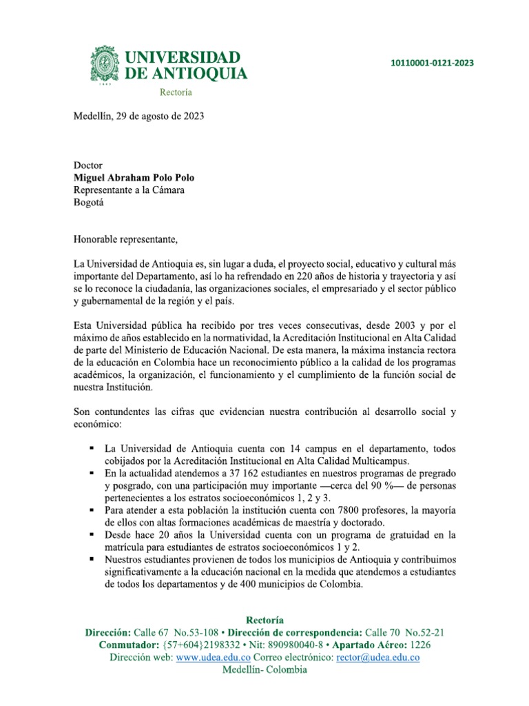 Carta Rector UdeA | PDF