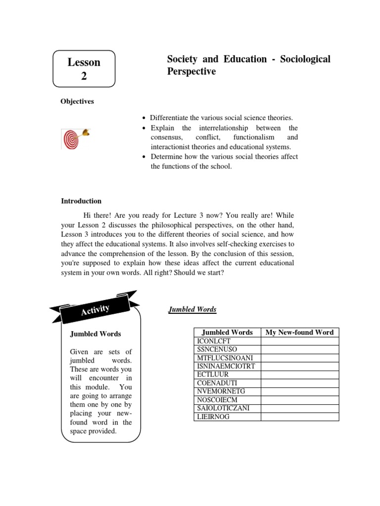 Lesson 2. Society and Education Sociological Theories | PDF ...