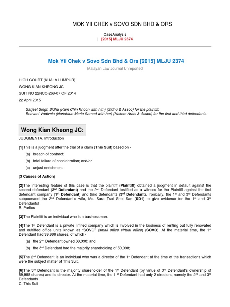 Mok Yii Chek V Sovo SDN BHD & Ors (2015) MLJU 2374 | PDF | Lawsuit | Witness