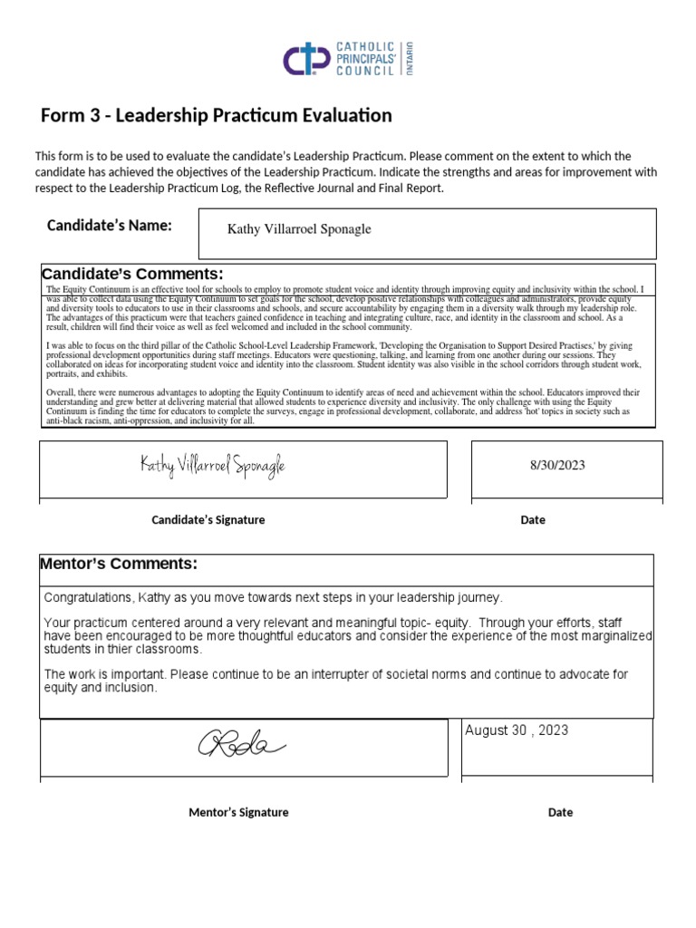 Kathy Form 3 Leadership Practicum Evaluation | PDF | Leadership | Mentorship