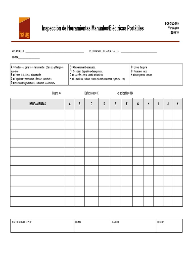 FOR-SEG-005 Inspeccion de Herramientas Manuales Electricas Portatiles | PDF