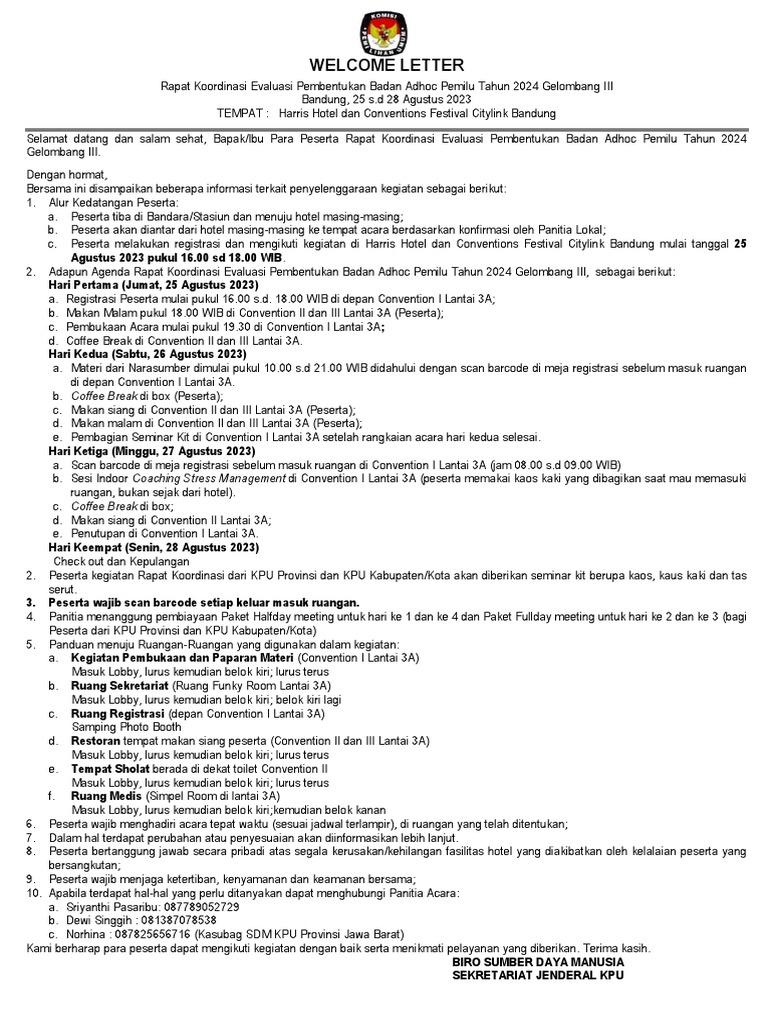 Welcome Letter Dan Rundown Rakor Gel 3 Bandung | PDF