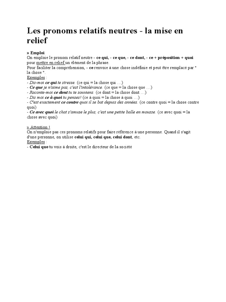 Pronoms relatifs neutres en mise en relief | PDF