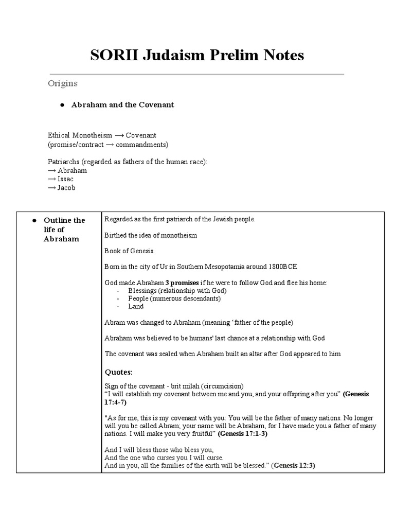 SORII Judaism Prelim Notes | PDF | Covenant (Biblical) | Book Of Genesis