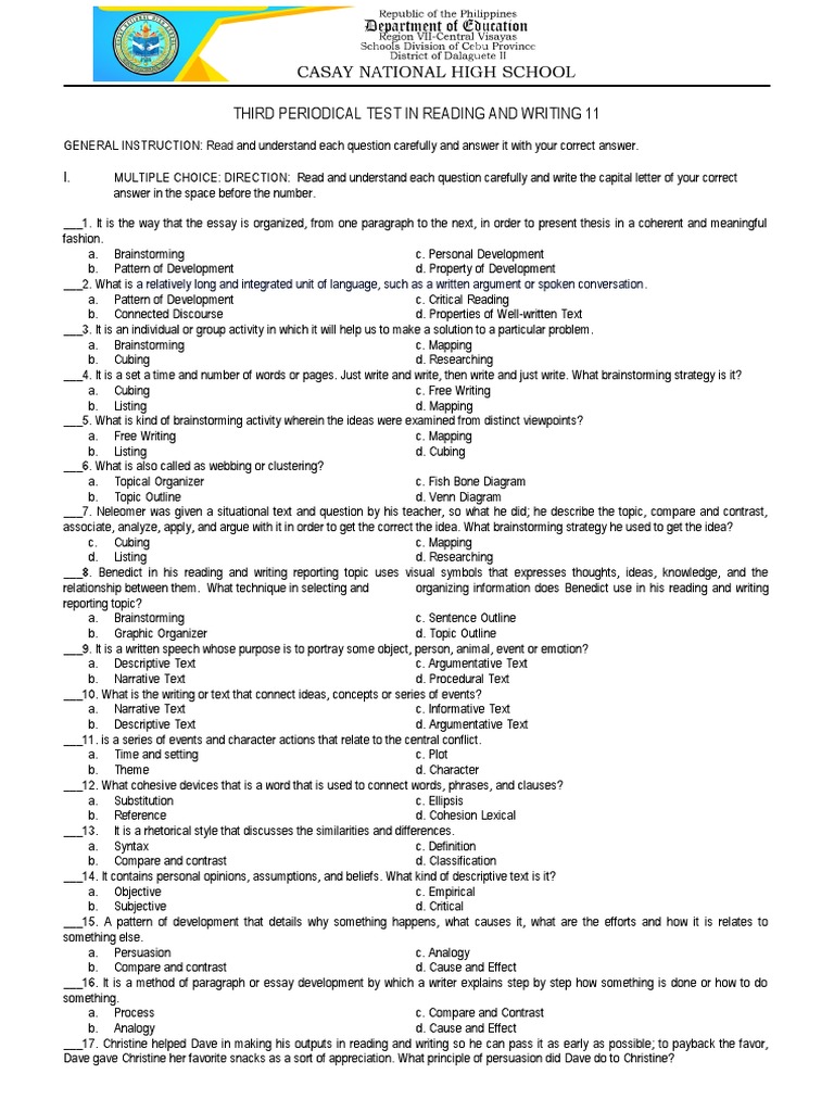 Reading and Writing Test Instructions | PDF | Narrative | Essays