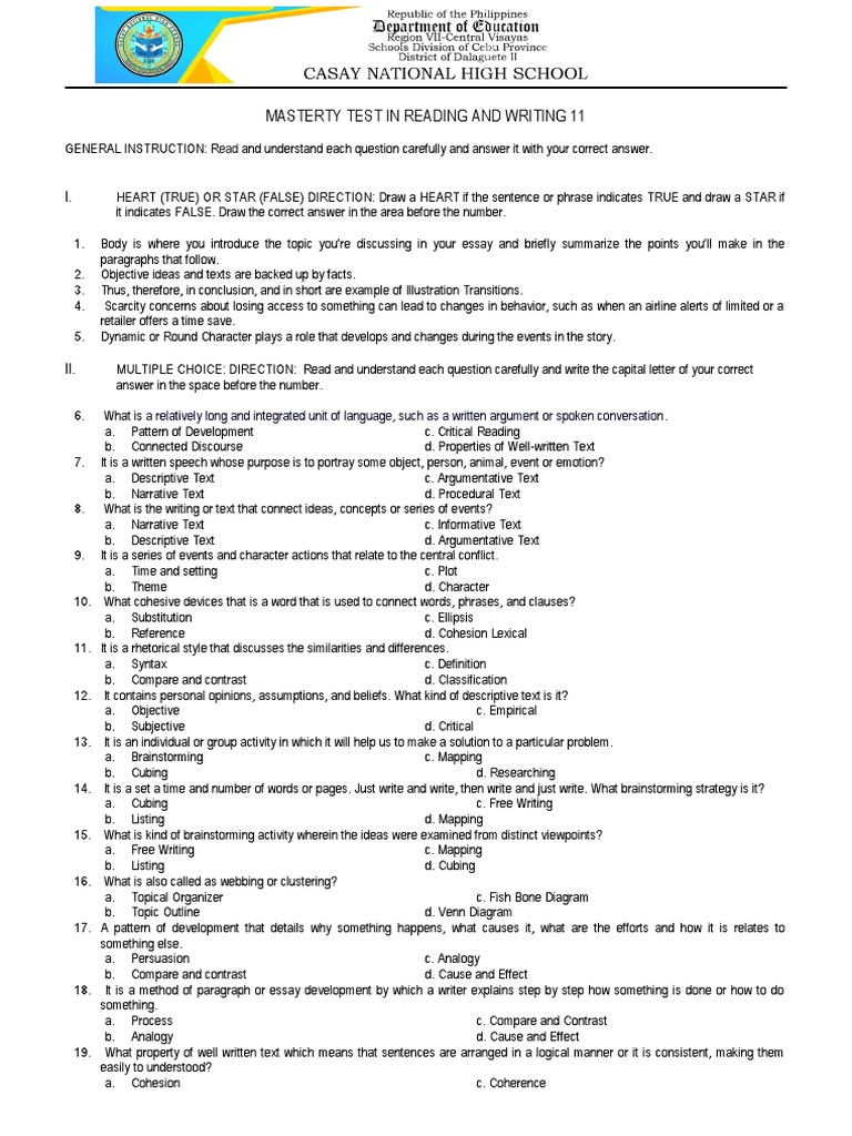 Mastery Test: Reading and Writing 11 | PDF | Narrative | Essays