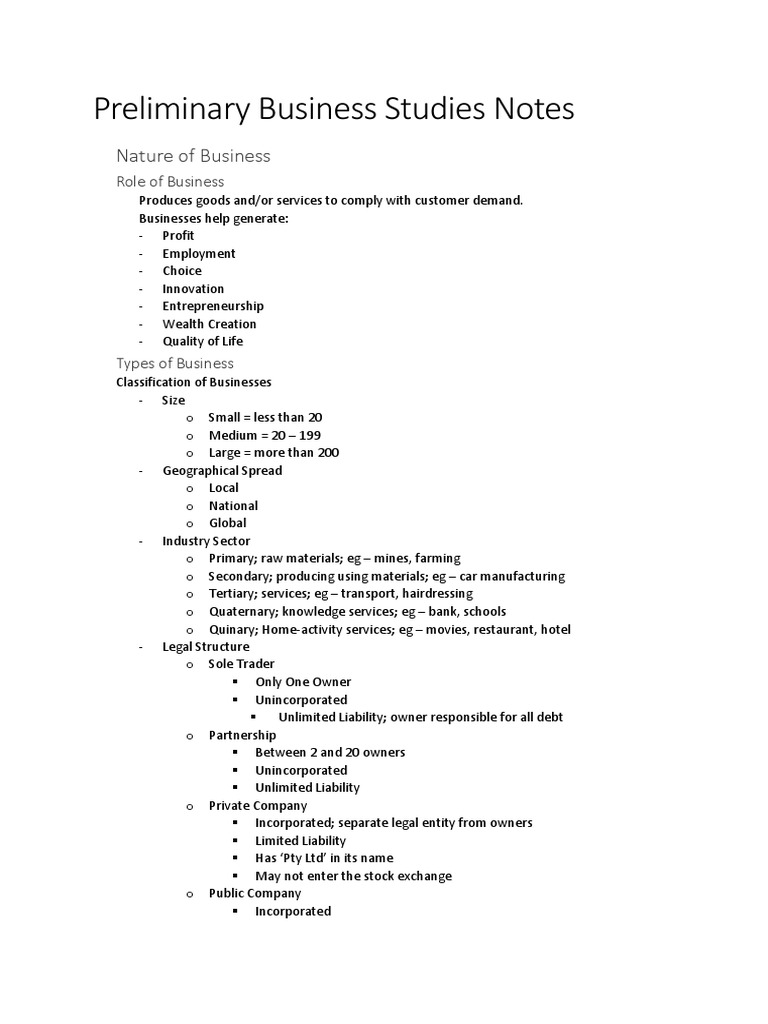 2020 P Bs Simple Short Prelim Business Studies Notes Pdf