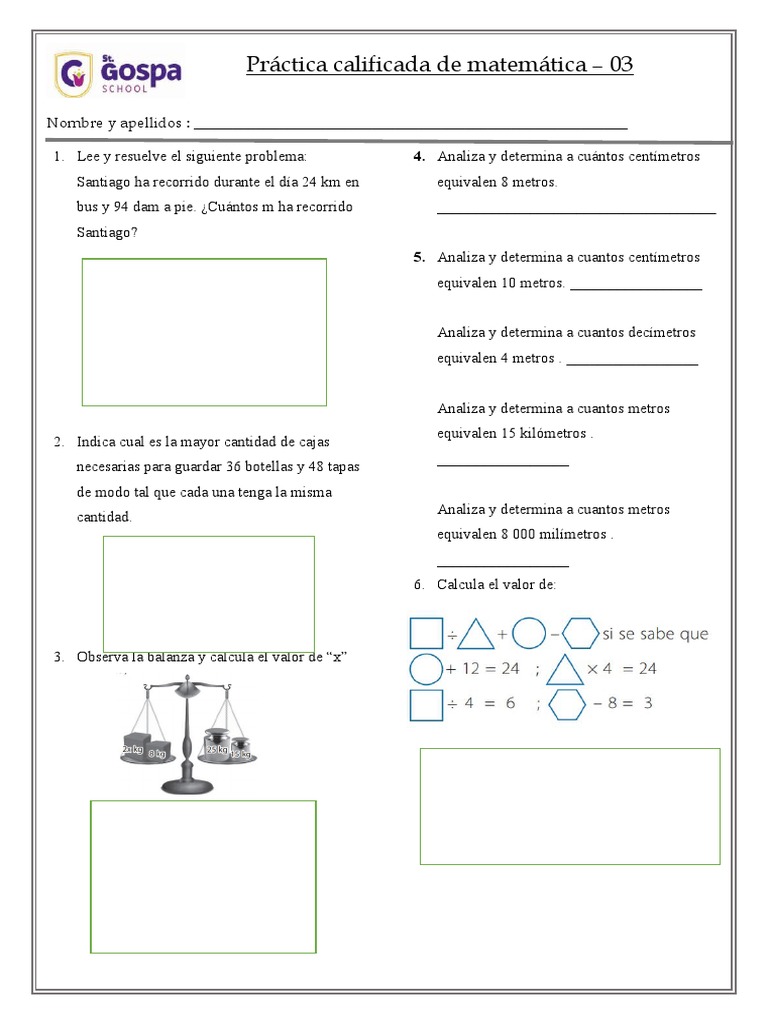 Practica Calificada de Matemática - Cuarto Grado | PDF