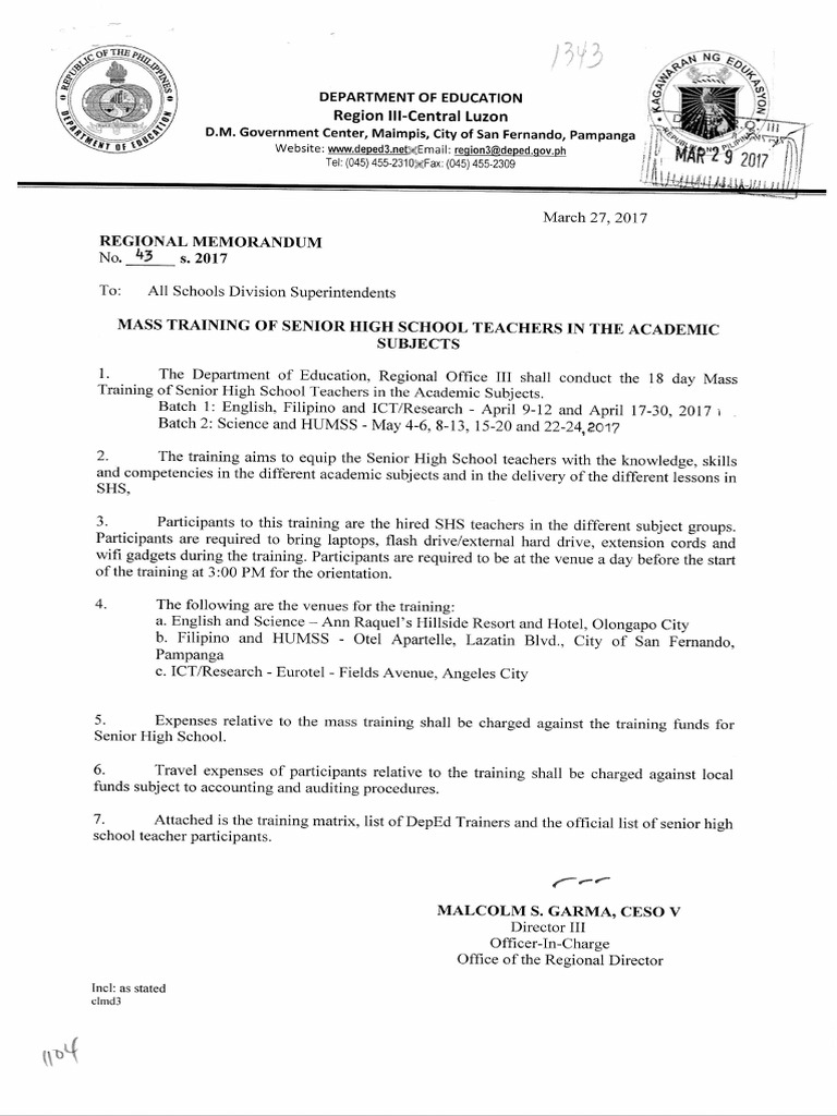 RM 43, S. 2017 - Mass Training of SHS Teachers in The Academic Subjects ...