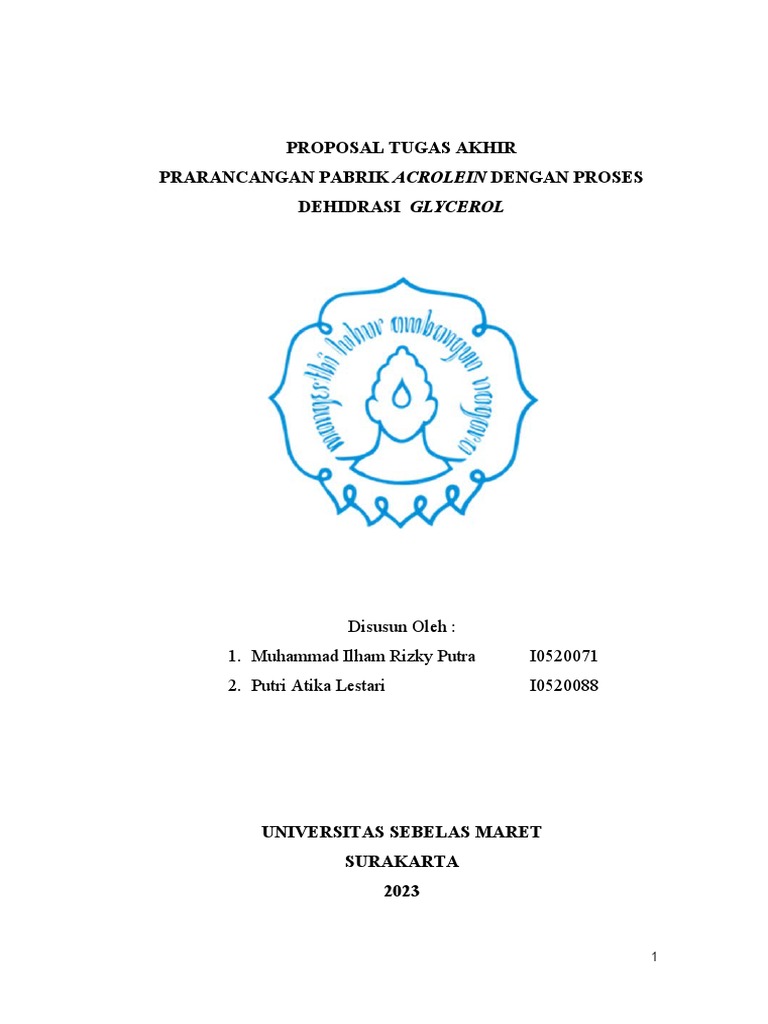 Proposal TA Prarancangan Pabrik Akrolein Dengan Proses Dehidrasi Gliserol | PDF