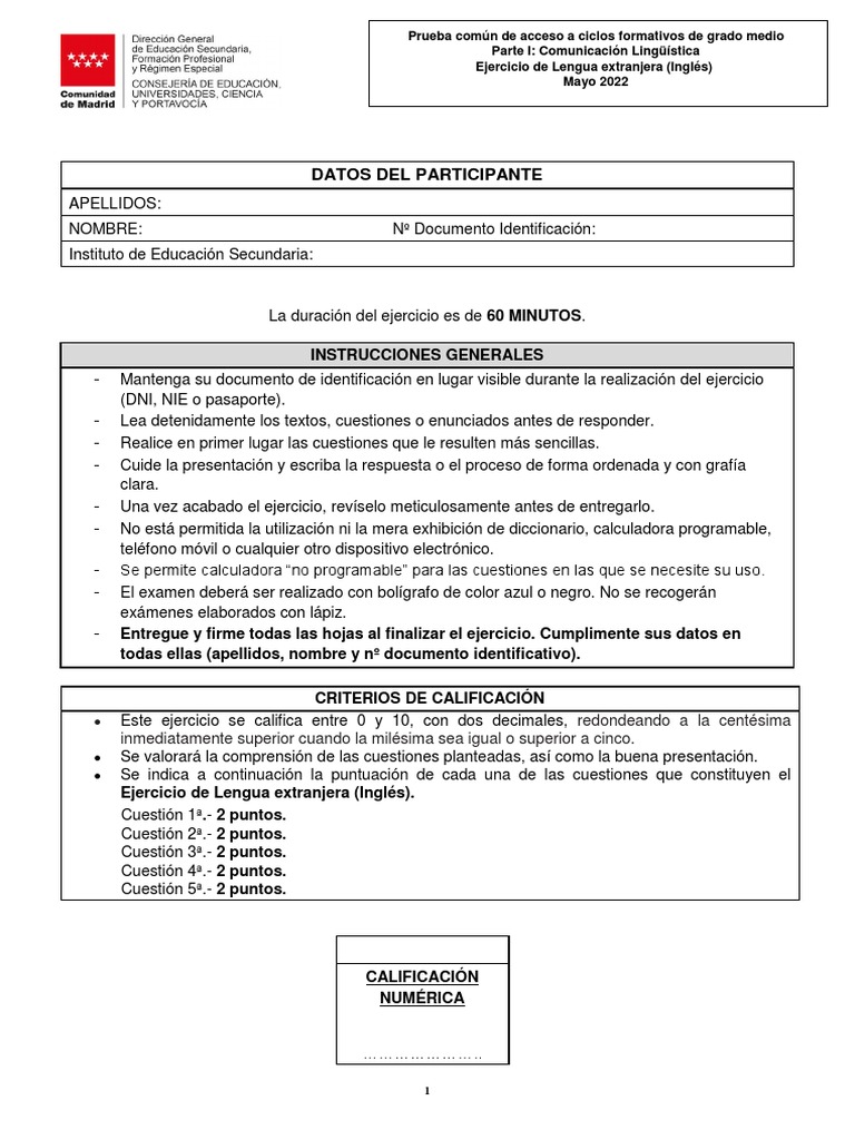 Inglés 2022 - Exámenes Acceso Grado Medio Madrid | PDF | Comunicación ... Inglés 2022 - Exámenes Acceso Grado Medio Madrid | PDF | Comunicación ...