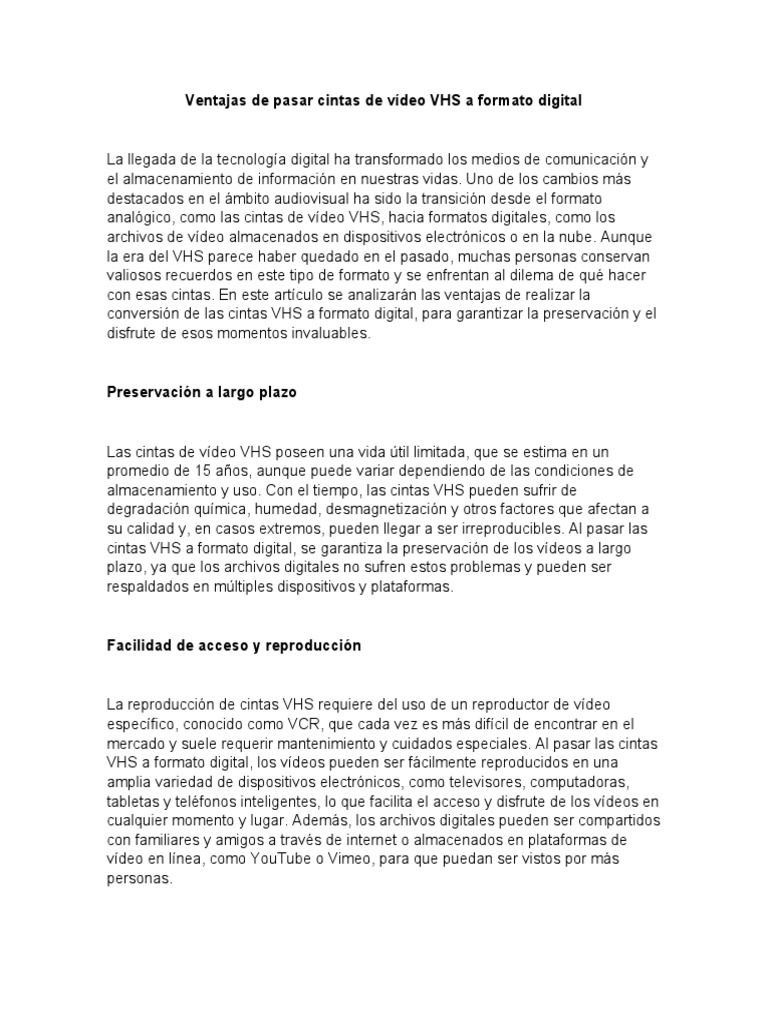 Convertir VHS a Digital: Beneficios Clave | PDF | Vídeo | Archivo de ...