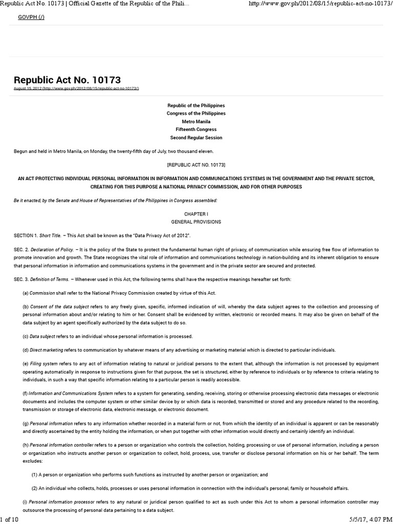 Republic Act No 10173 Pdf Information Security Information 