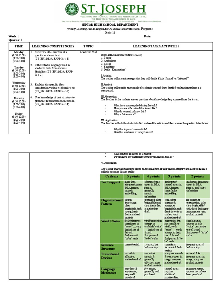 WEEKLY LEARNING PLAN EAPP K.Ponsaran | Download Free PDF | Proofreading | Teachers