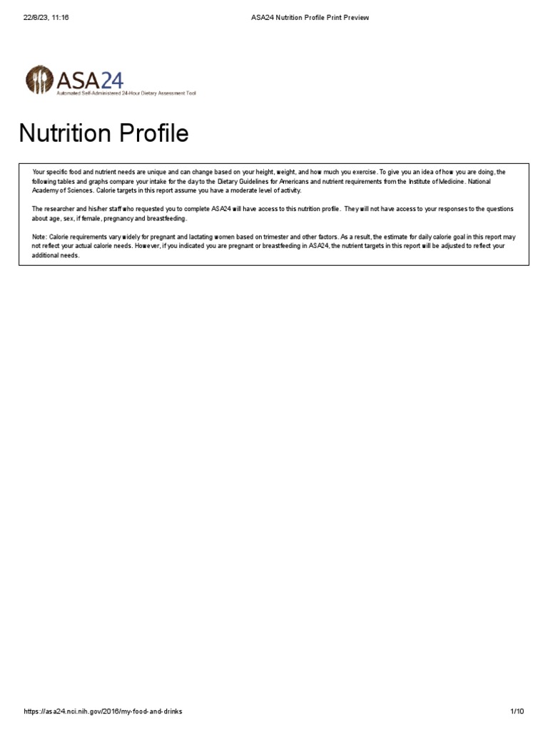 ASA24 Nutrition Profile Print Preview | PDF | Foods | Nutrients