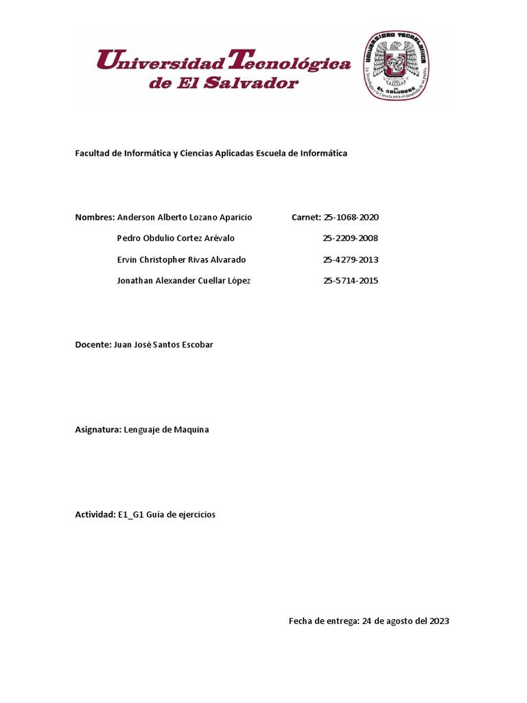 E1 - G1 Guia de Ejercicios - Asambler | PDF