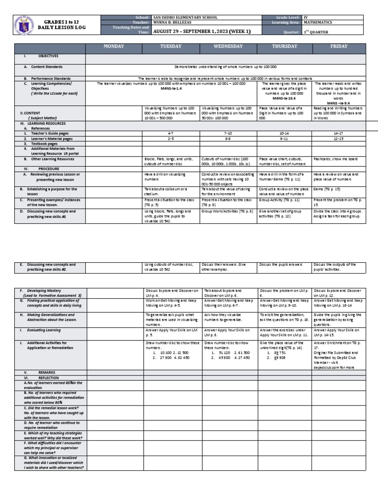 DLL - Math 4 - Q1 - W1 | PDF | Learning | Education Theory