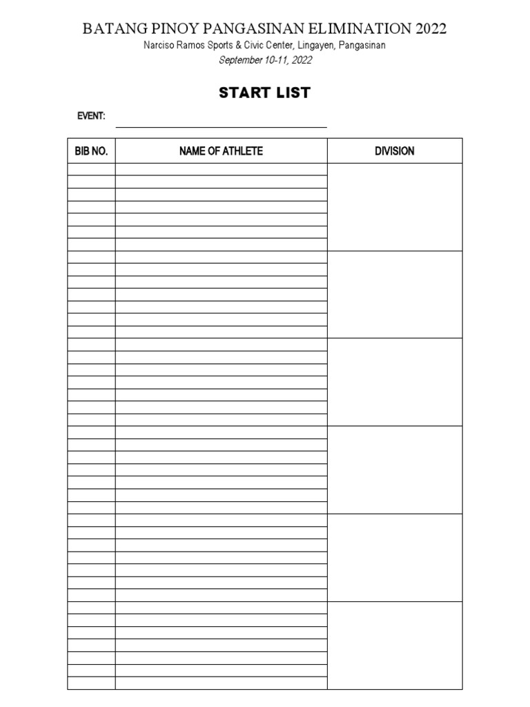 BATANG PINOY ATHLETICS FORMS Start List Distance Forms Bar Heights Form ...