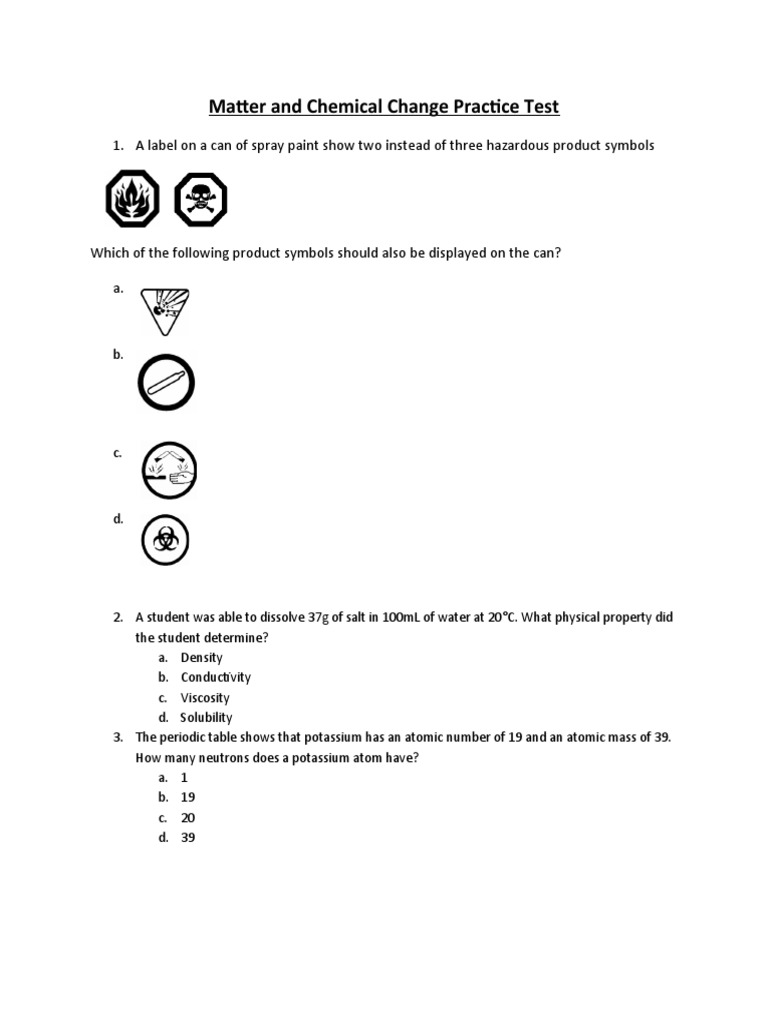 Matter and Chemical Change Practice Test | PDF | Chemical Reactions ...