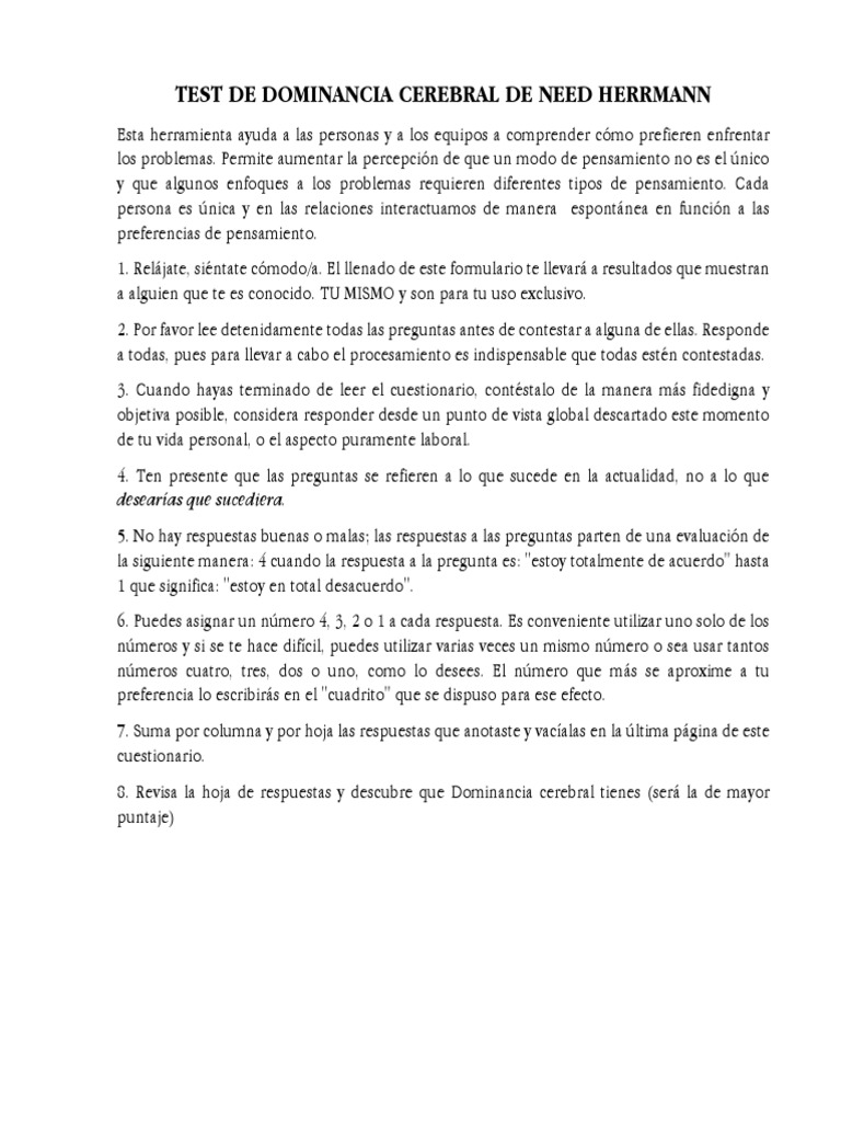 Test de Dominancia Cerebral Herrmann | PDF | Pensamiento | Creatividad