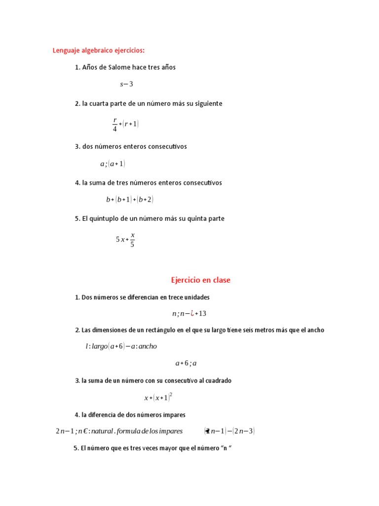Lenguaje Algebraico Ejercicios en Clase. | PDF