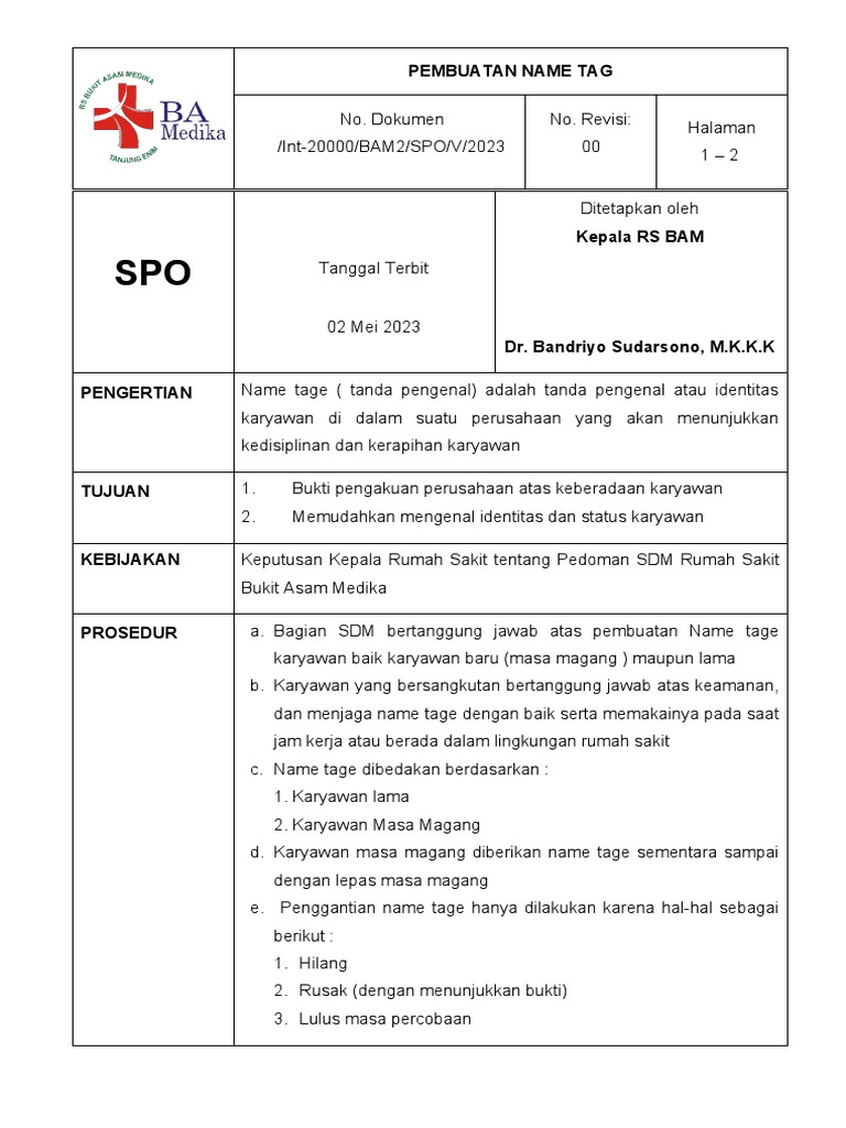 Spo Pembuatan Name Tag | PDF