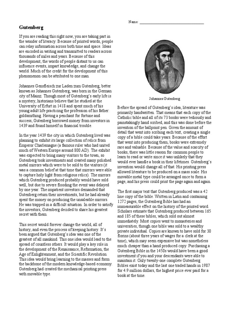 Worksheet for Friday 28 1 | PDF | Johannes Gutenberg | Printing Press