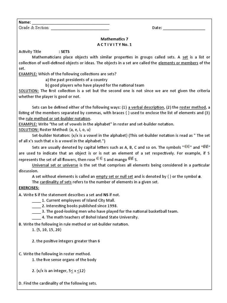 Activity No. 1 Sets | PDF | Set (Mathematics) | Mathematical Objects