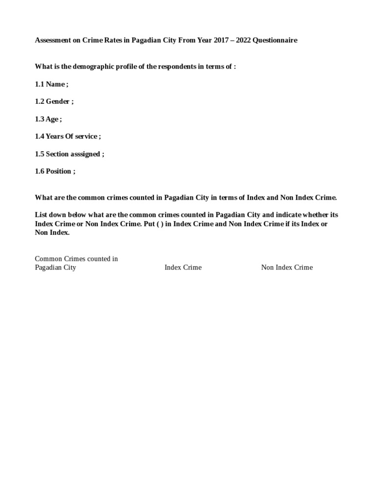 Assessment On Crime Rates Questionnaire | PDF