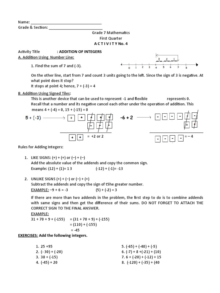 Addition of Integers for Grade 7 | PDF