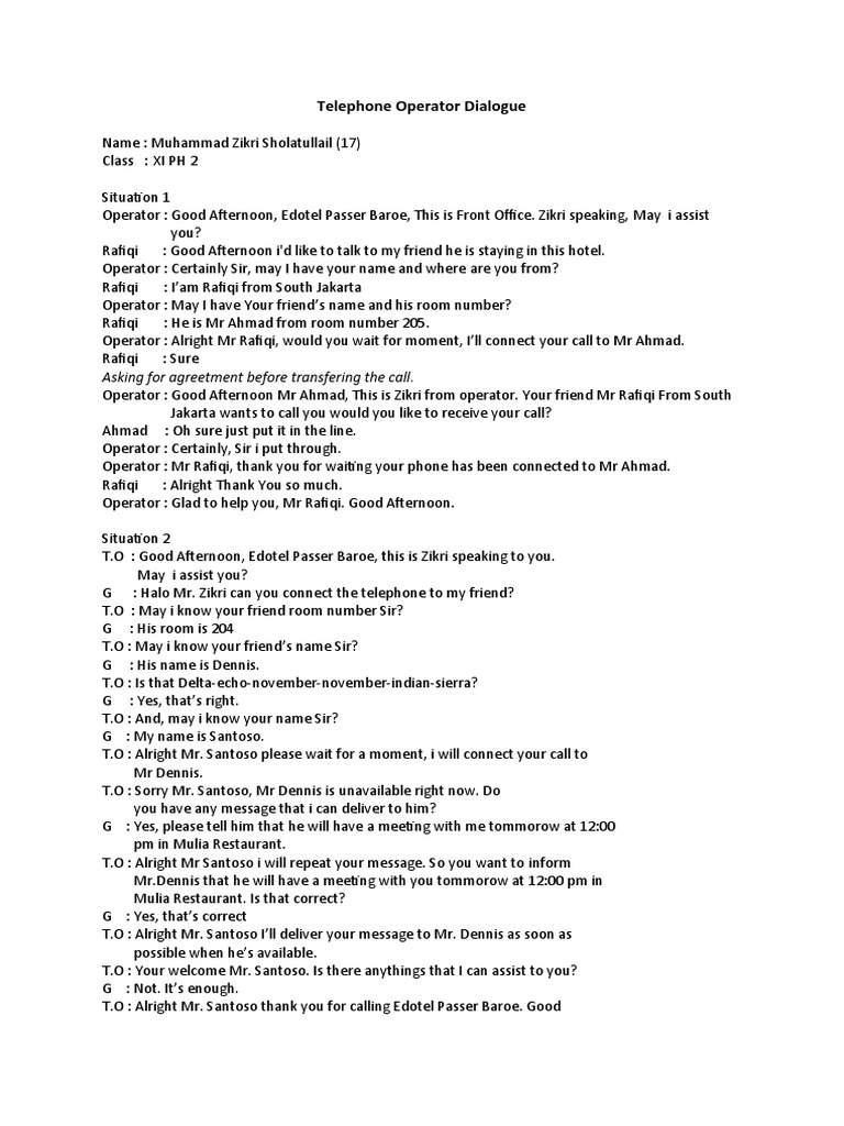 Telephone Operator Dialogue | PDF