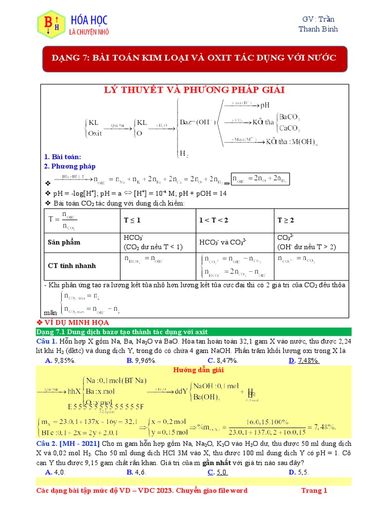 Dang 7 - Bai Toan Kim Lo I Va Oxit Tac Dung Voi Nuoc. TTB - Dap An | PDF
